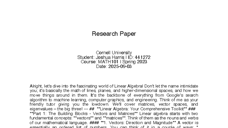 MATH101 Spring 2023: Linear Algebra Research Paper by Joshua Harris ...