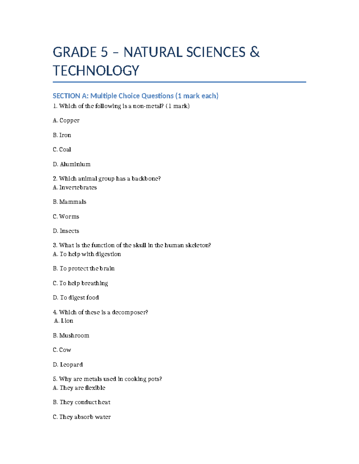 GRADE 5 NATURAL SCIENCES: Multiple Choice & Structured Qs Test - Studocu