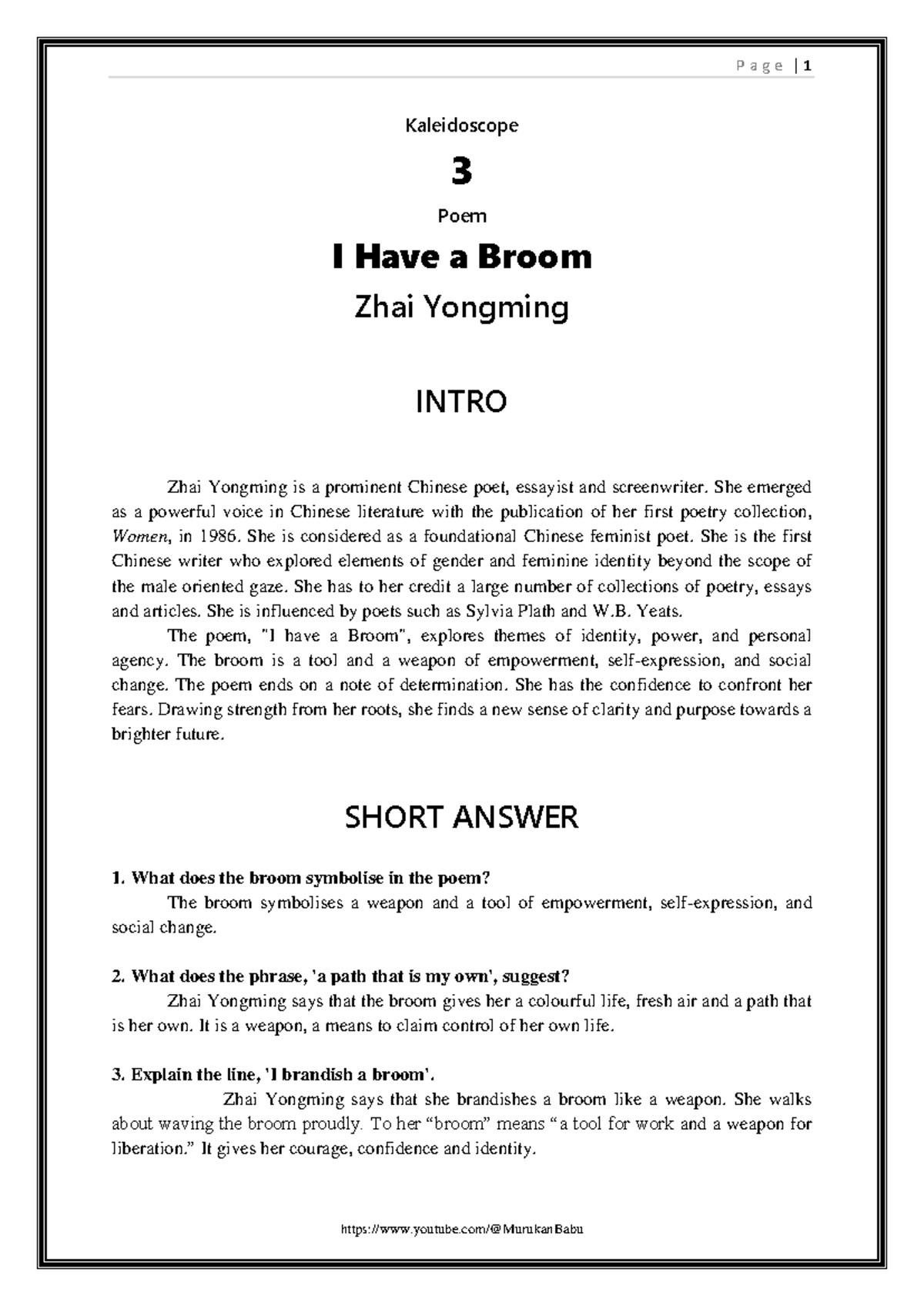 I Have a Broom: Complete Notes on Zhai Yongming's Poem Analysis - Studocu