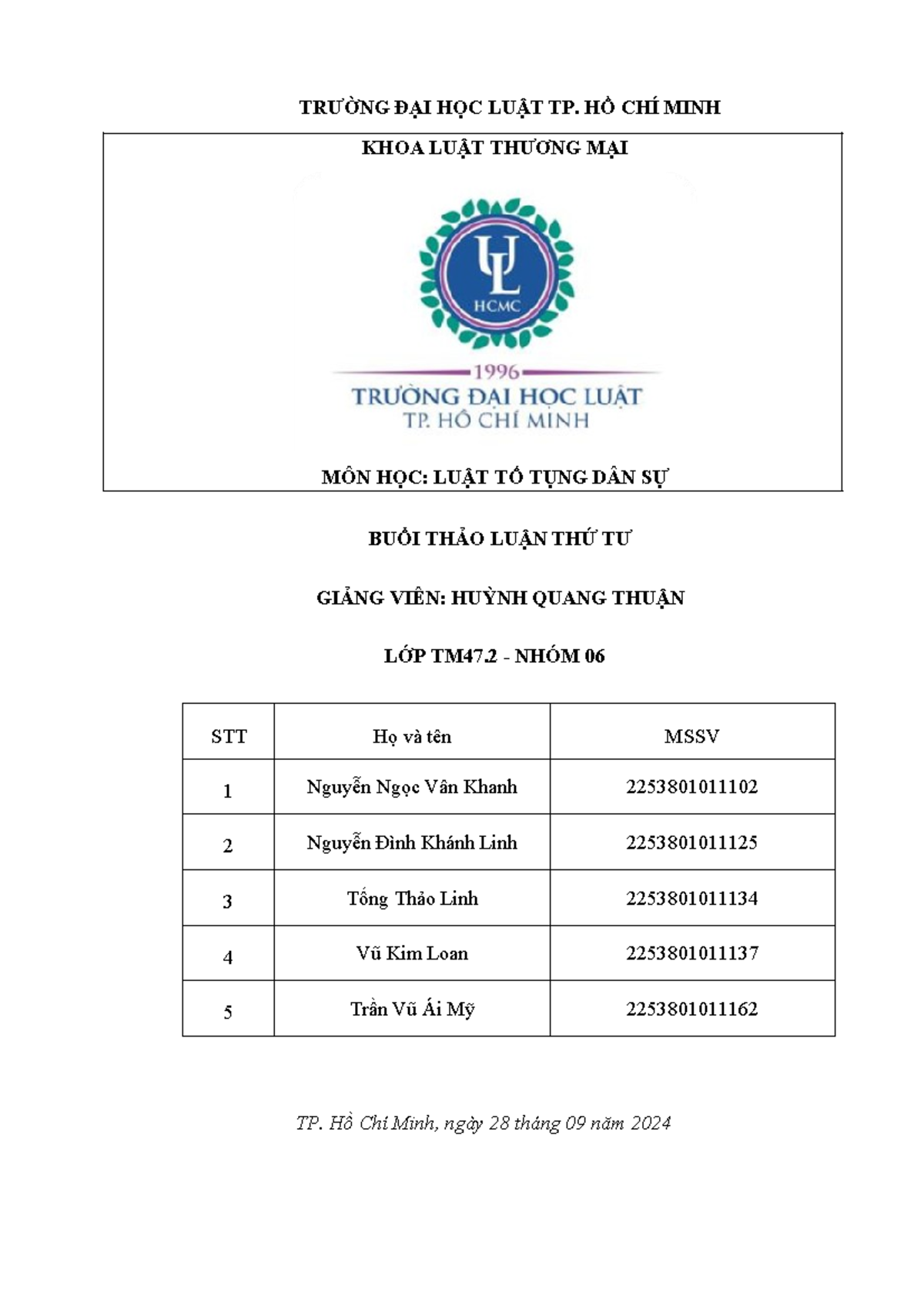 BTTuan 4 Thutucsotham Nhom06 Lop TM 47 - TRƯỜNG ĐẠI HỌC LUẬT TP. HỒ CHÍ ...