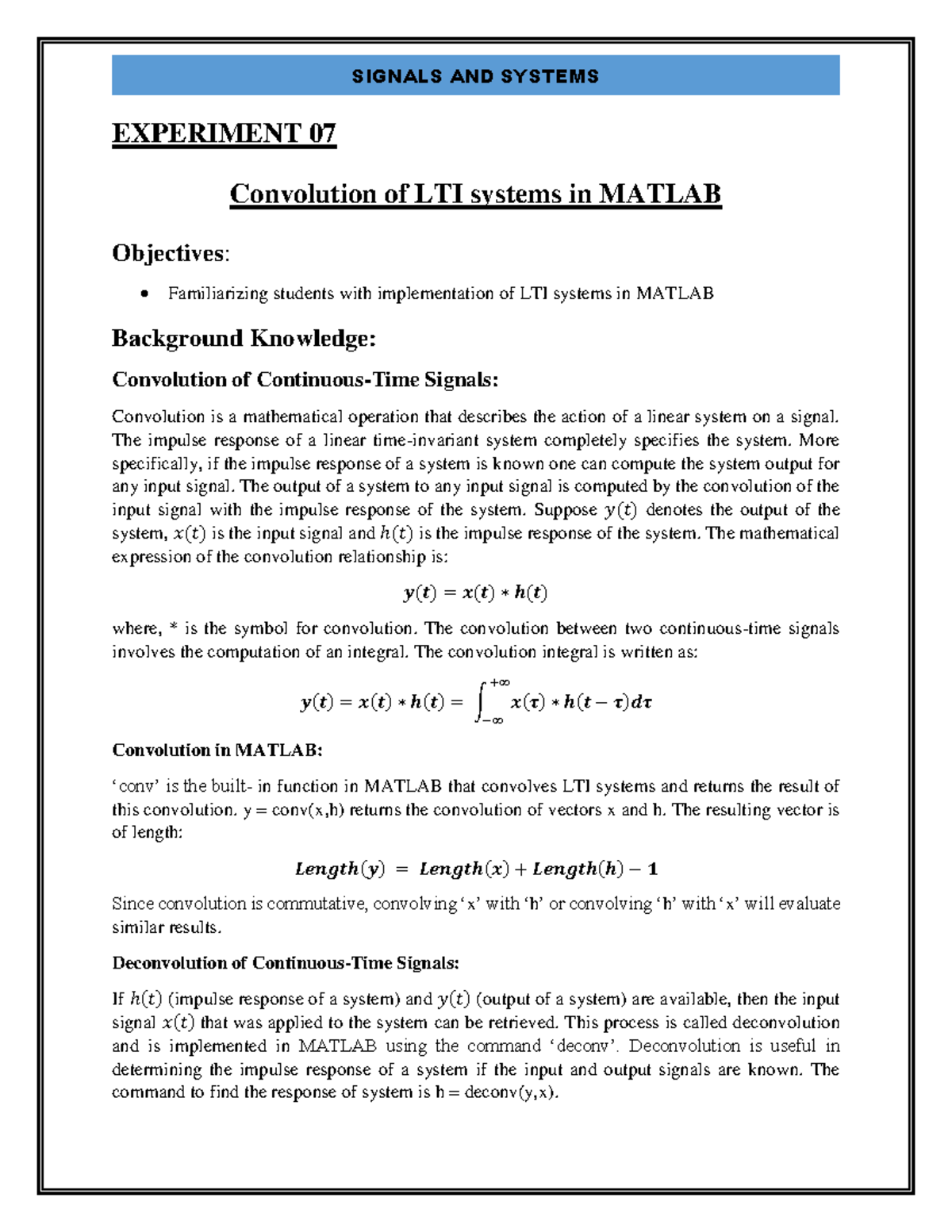 Lab Report 7 Convolution Of Lti Systems In Matlab Experiment 07