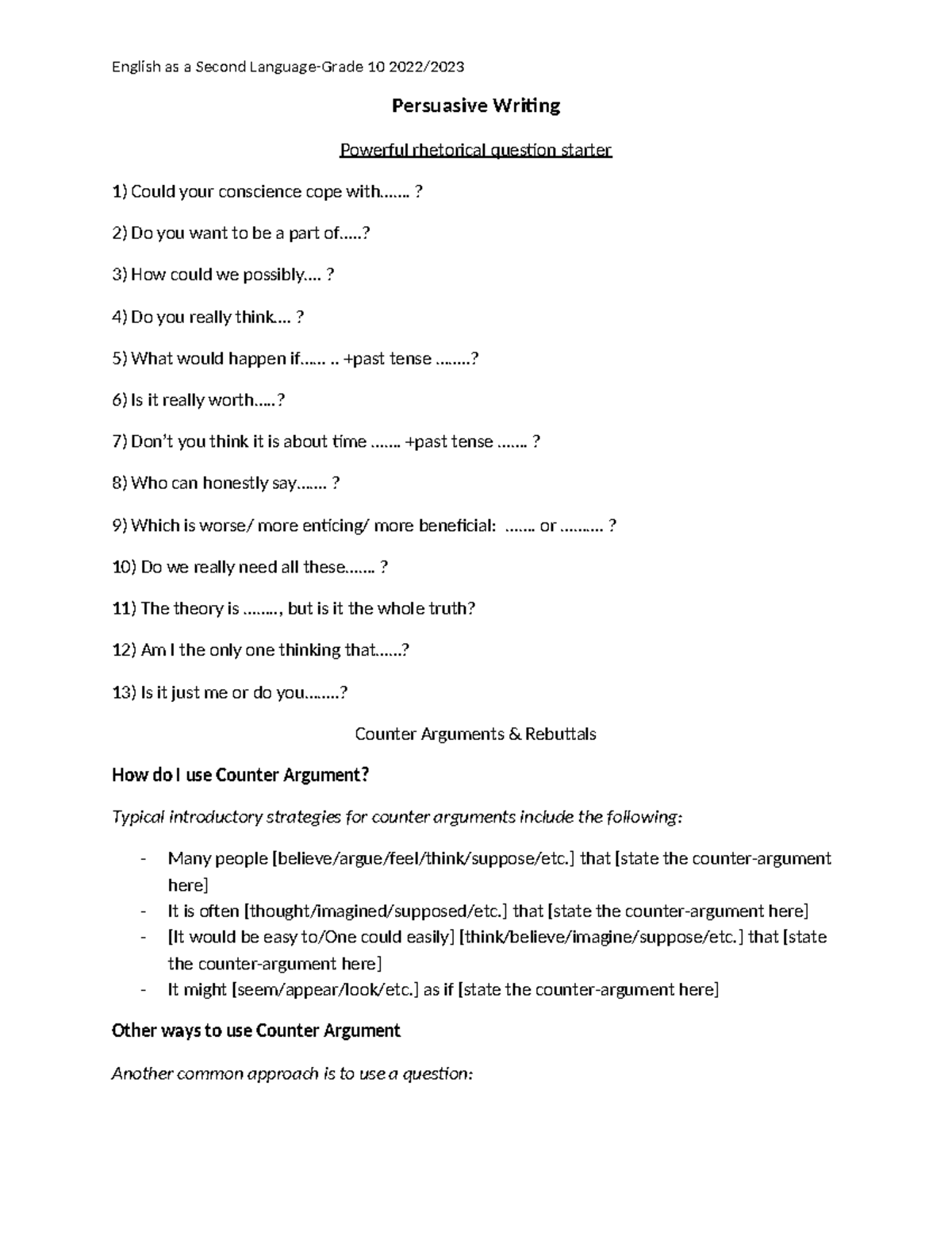 Persuasive Writing notes - English as a Second Language-Grade 10 2022 ...