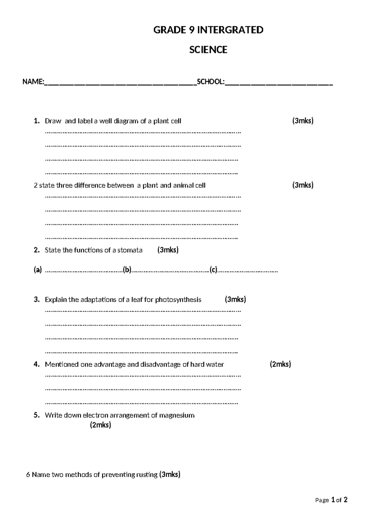 G9 Integrated Science - Plant Cell & Photosynthesis Notes - Studocu