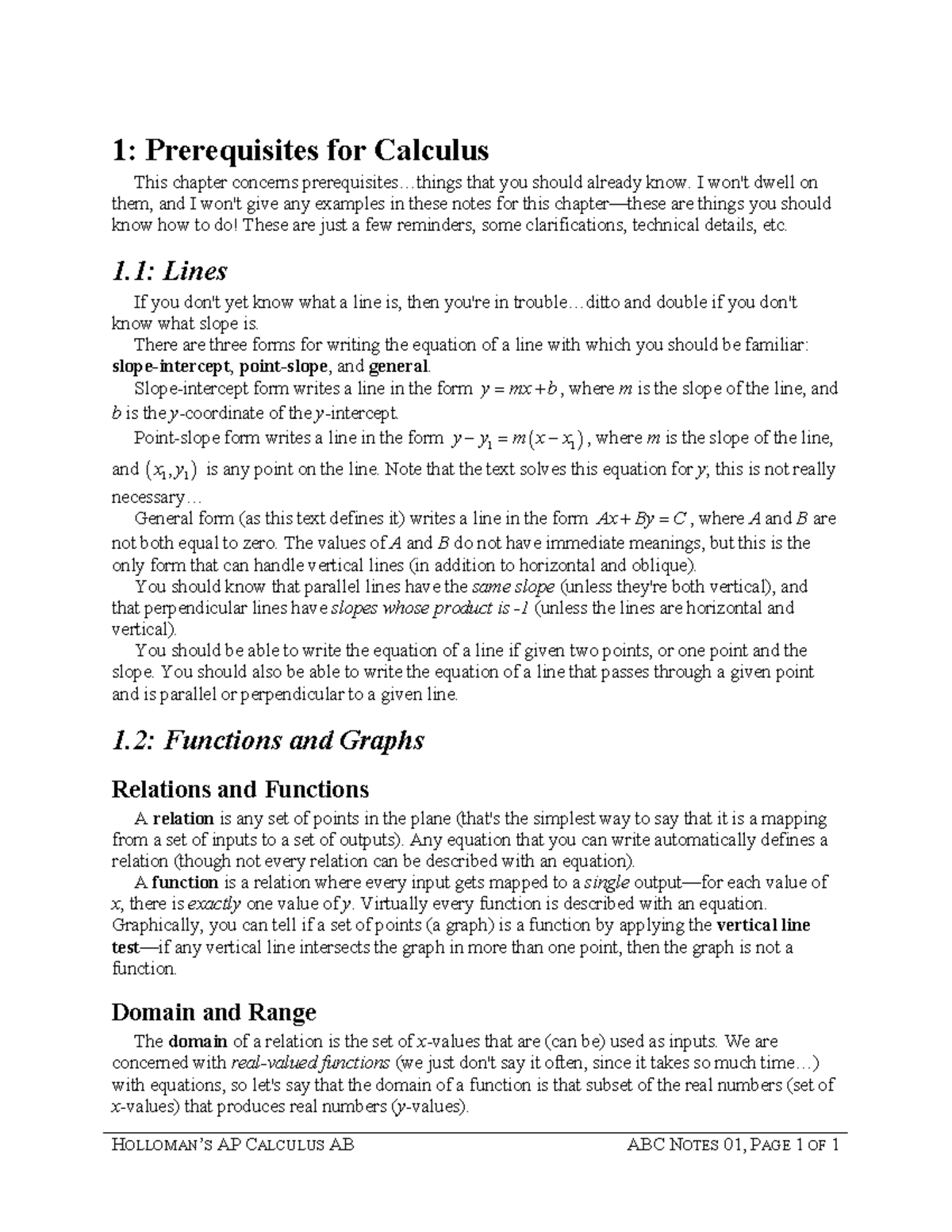 AP CALCULUS AB ABC NOTES 01: Prerequisites for Calculus Concepts - Studocu