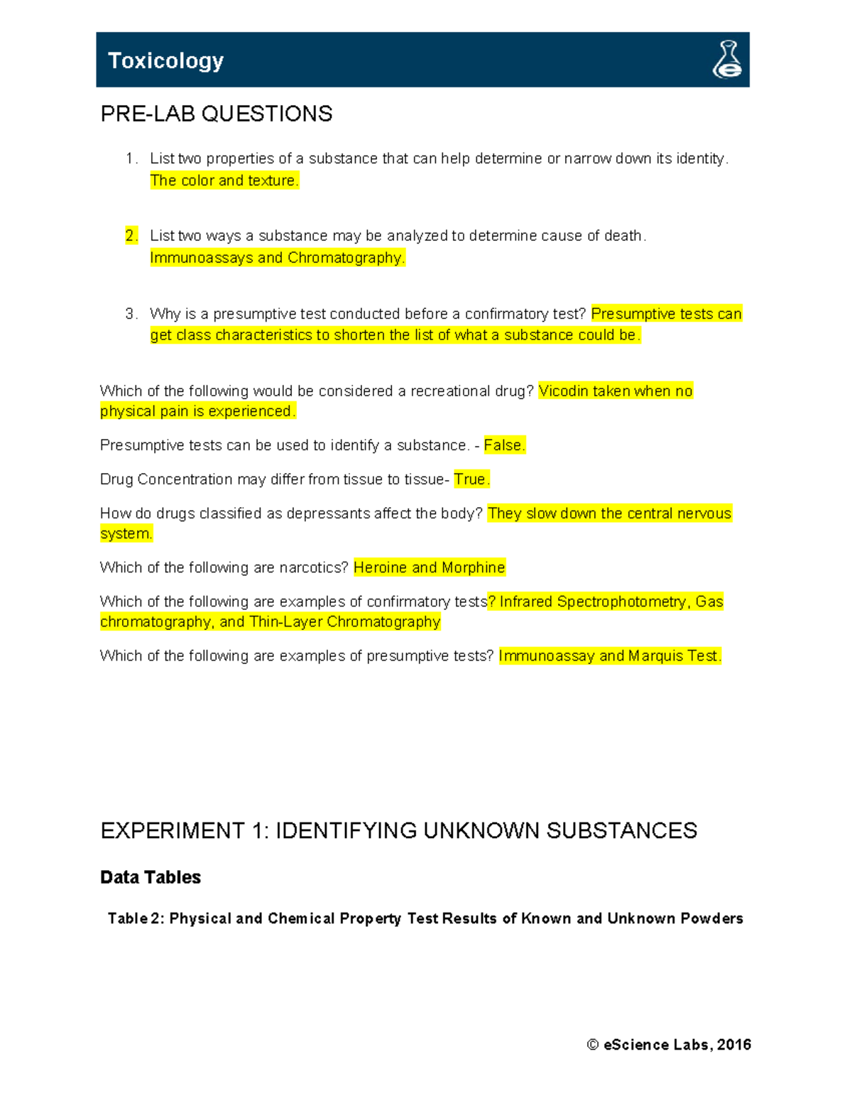 Toxicology Pre Lab: Analyzing Substance Properties & Identification ...