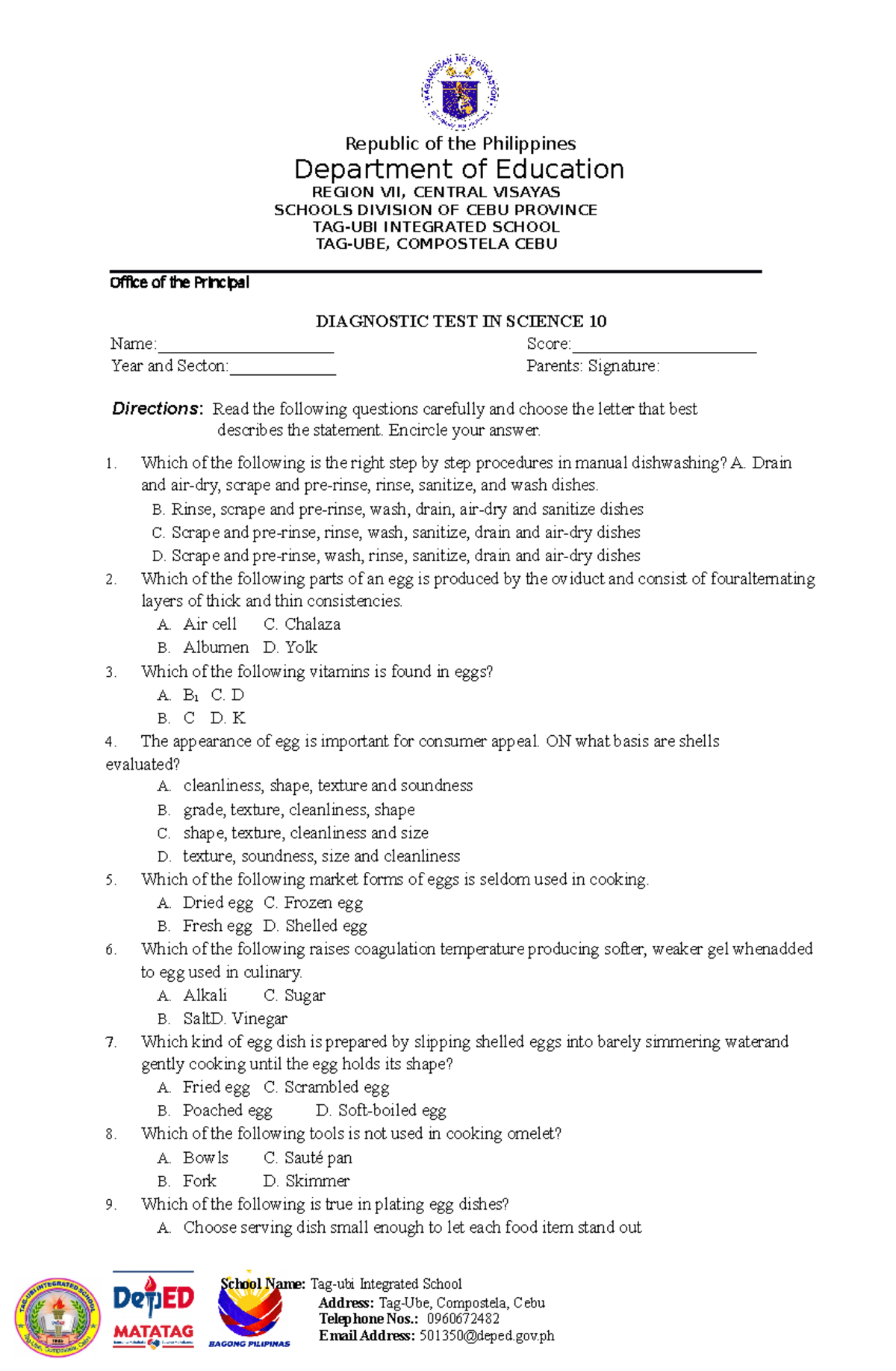 Cookery-10 - Diagnostic Test on Culinary Skills with Answers - Studocu