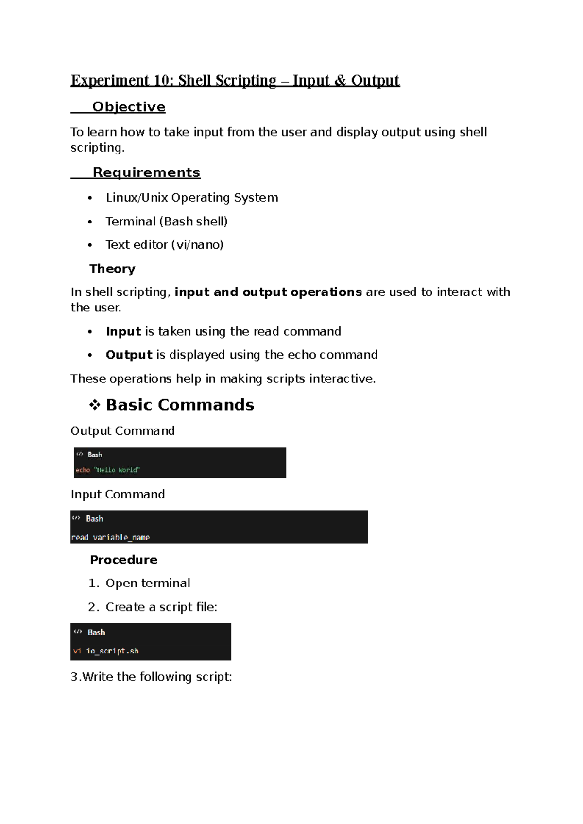 Experiment 10: Shell Scripting I/O Operations Guide - Studocu