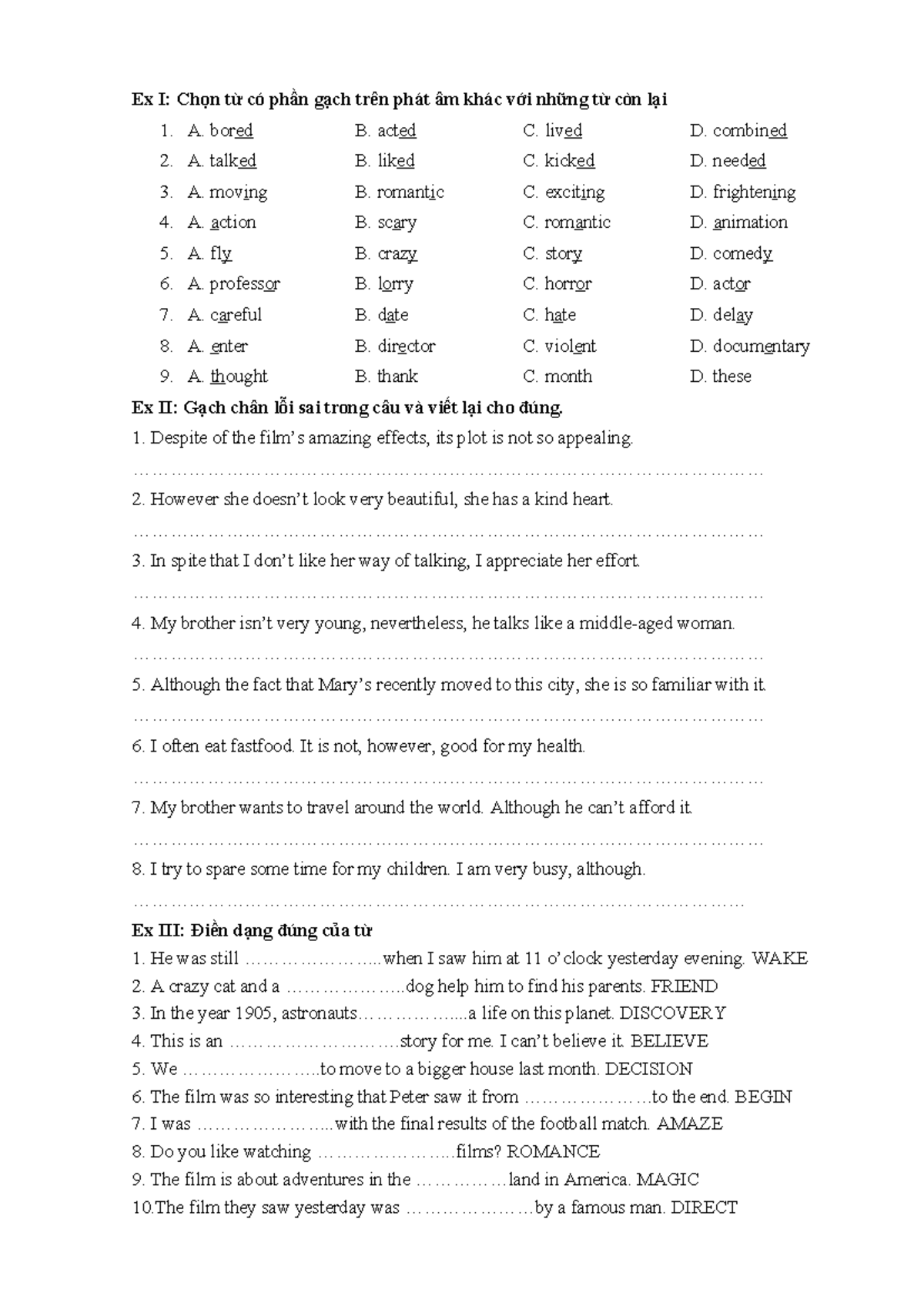Bt 23: Exercises on Pronunciation, Grammar, and Vocabulary - Studocu