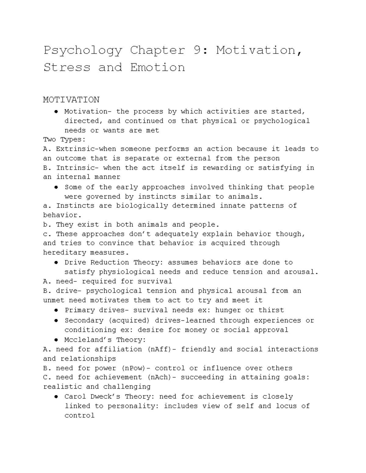 Psychology Chapter 9 Motivation, Stress and Emotion Information summary ...