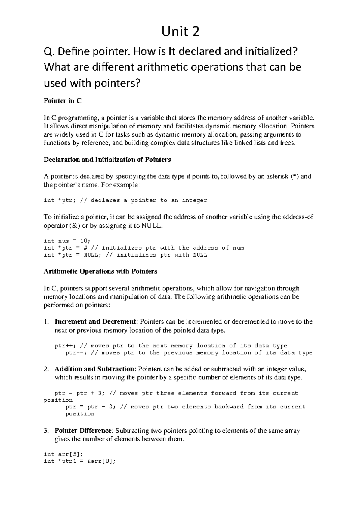 Unit 2 OOPS - Pointers, Memory Allocation, and Structures - Studocu