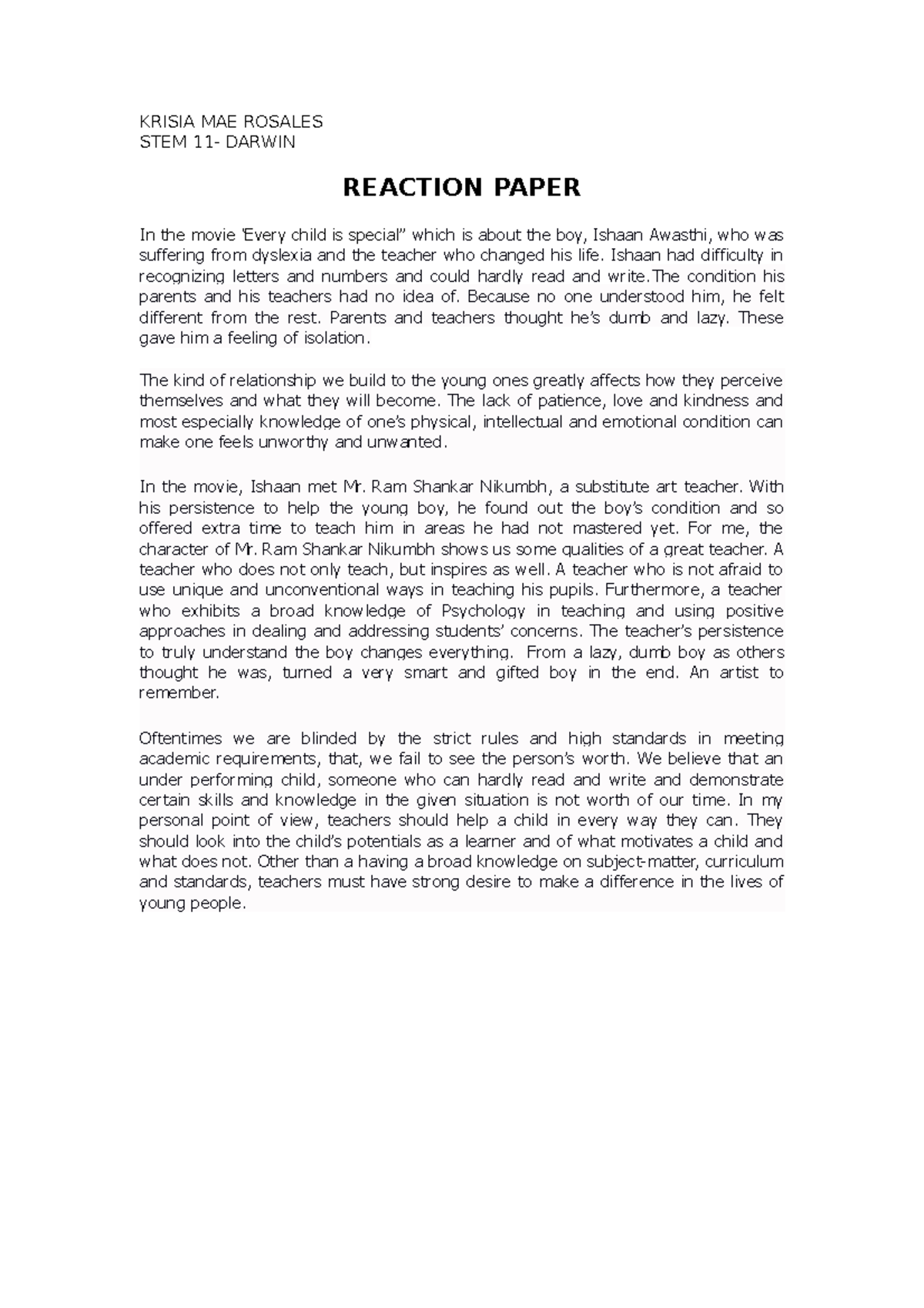 Reaction Paper FROM THE Movie Every Child IS Special - Library Science ...