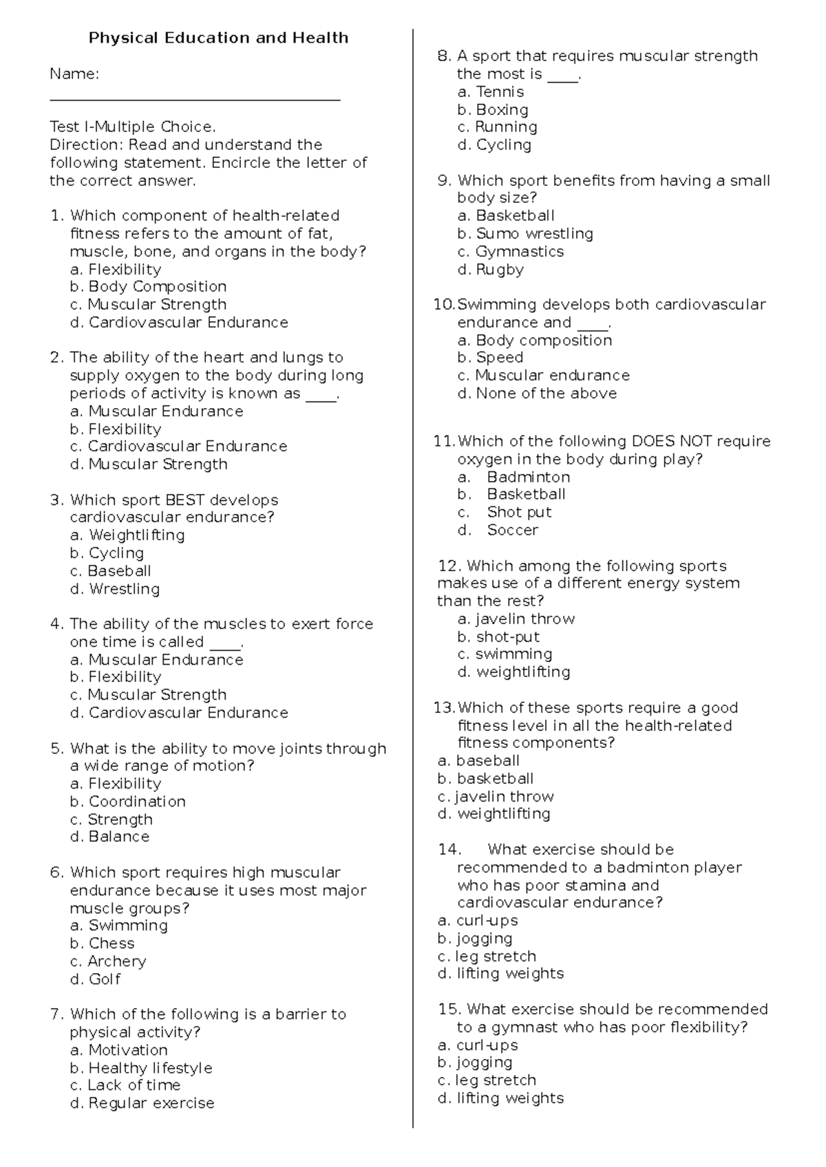 PE ST1 - Sample Quiz on Fitness Components and Sports - Studocu