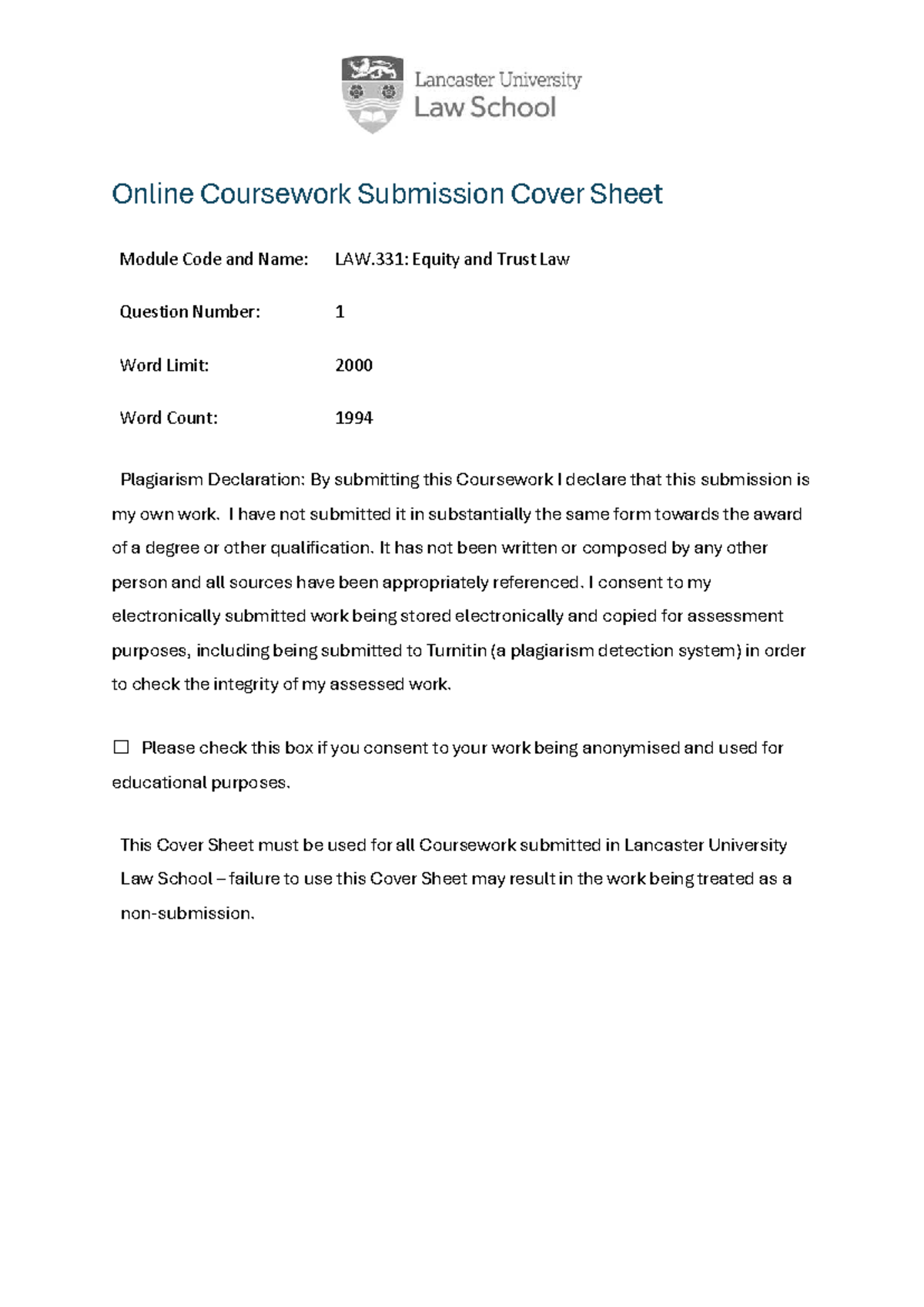 LAW.331: Coursework Submission Cover for Equity and Trust Law Analysis ...