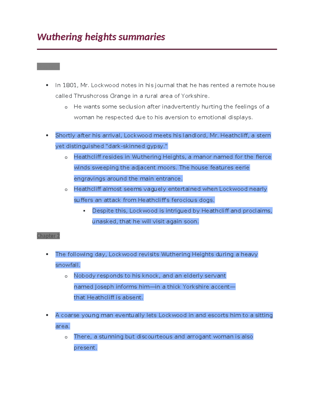 Wuthering Heights Chapter Summaries 1-10: A-Level Study Notes - Studocu