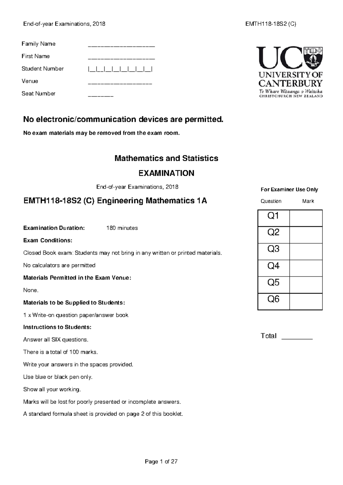 EMTH118-18S2 Final Exam Review for Engineering Mathematics 1A - Studocu