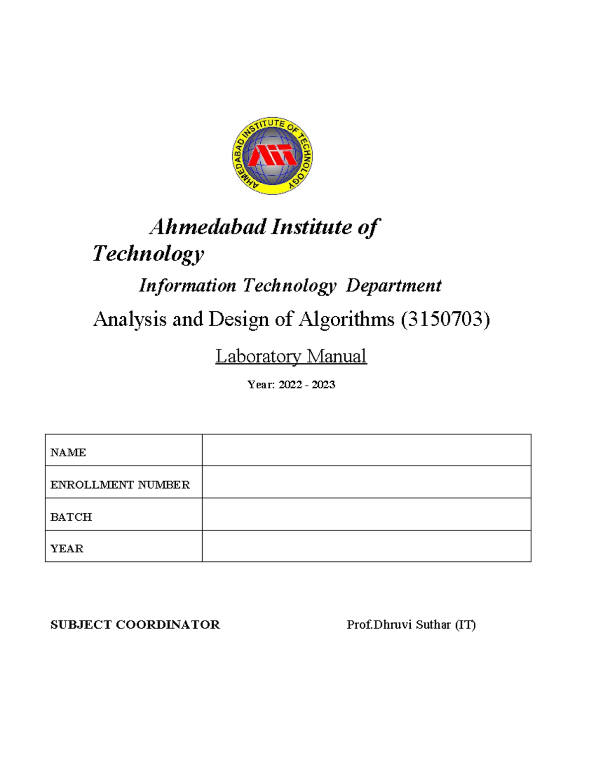 ADA Lab Manual (3150703) for B.E. 3rd Year Students - Studocu