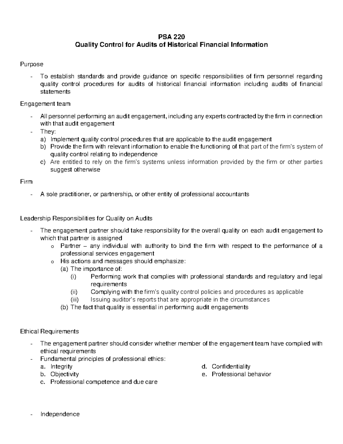 PSA 220 Quality Control Guidelines for Historical Financial Audits ...