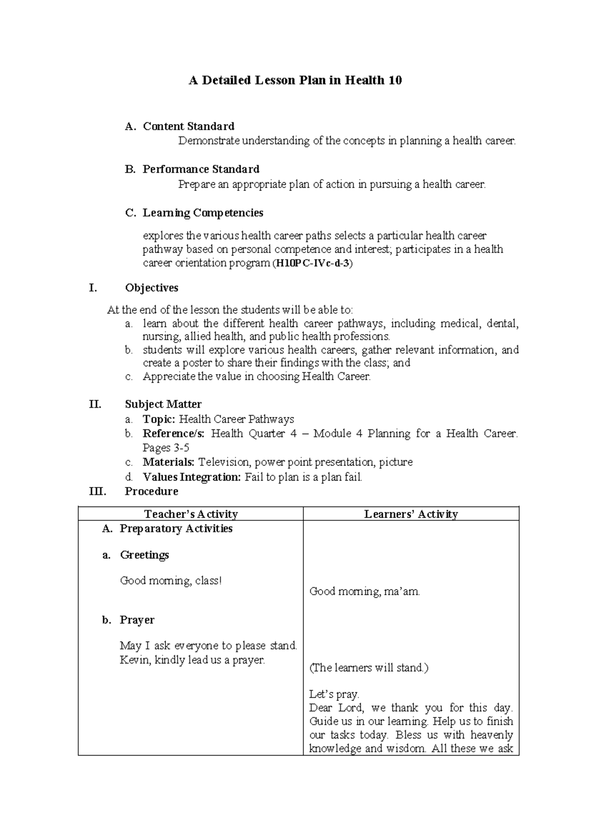 Grade 10 Health 2 - wem wen wne - A Detailed Lesson Plan in Health 10 A ...