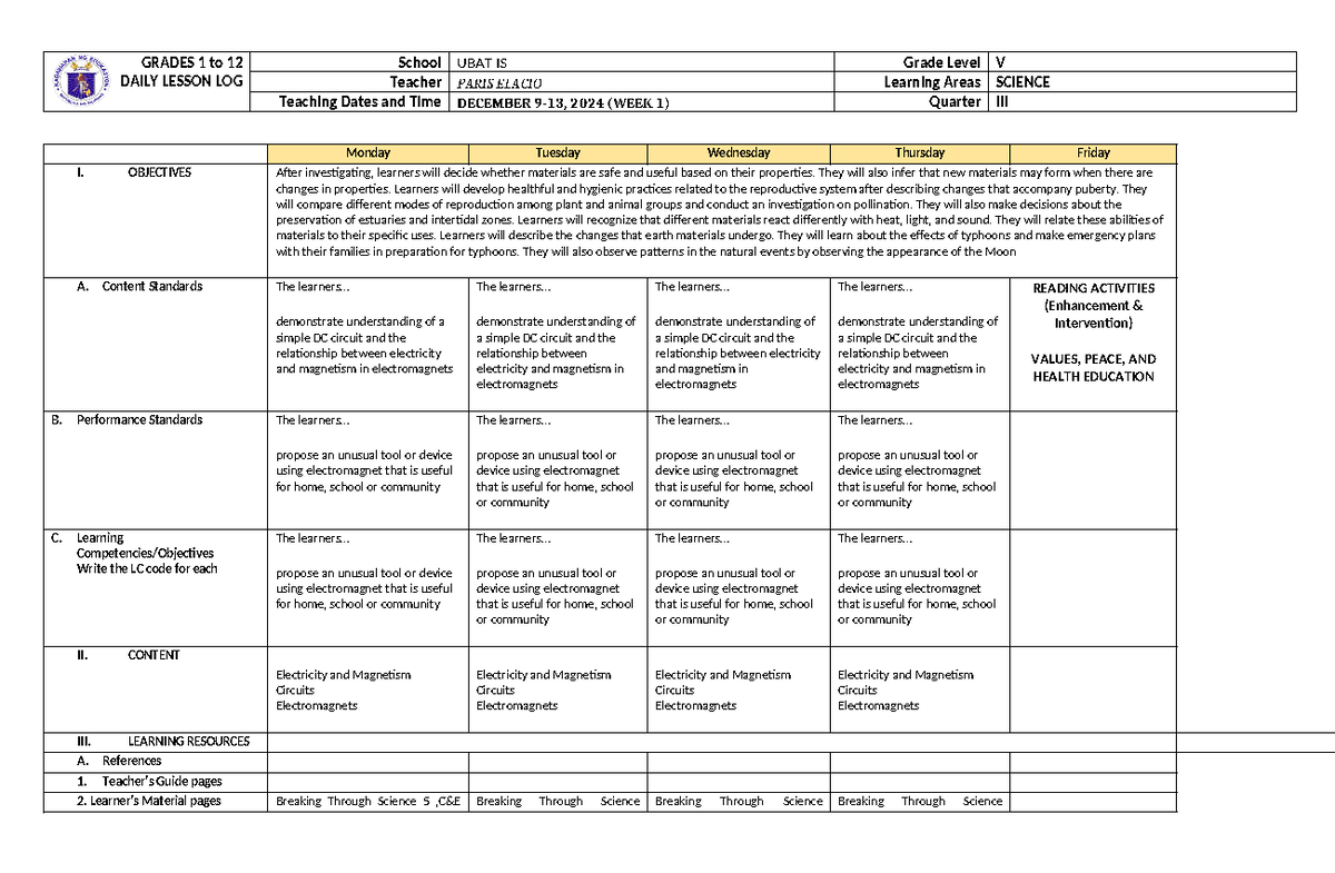 Grade 5 DLL Science 5 Q3 Week 1 - GRADES 1 to 12 DAILY LESSON LOG ...
