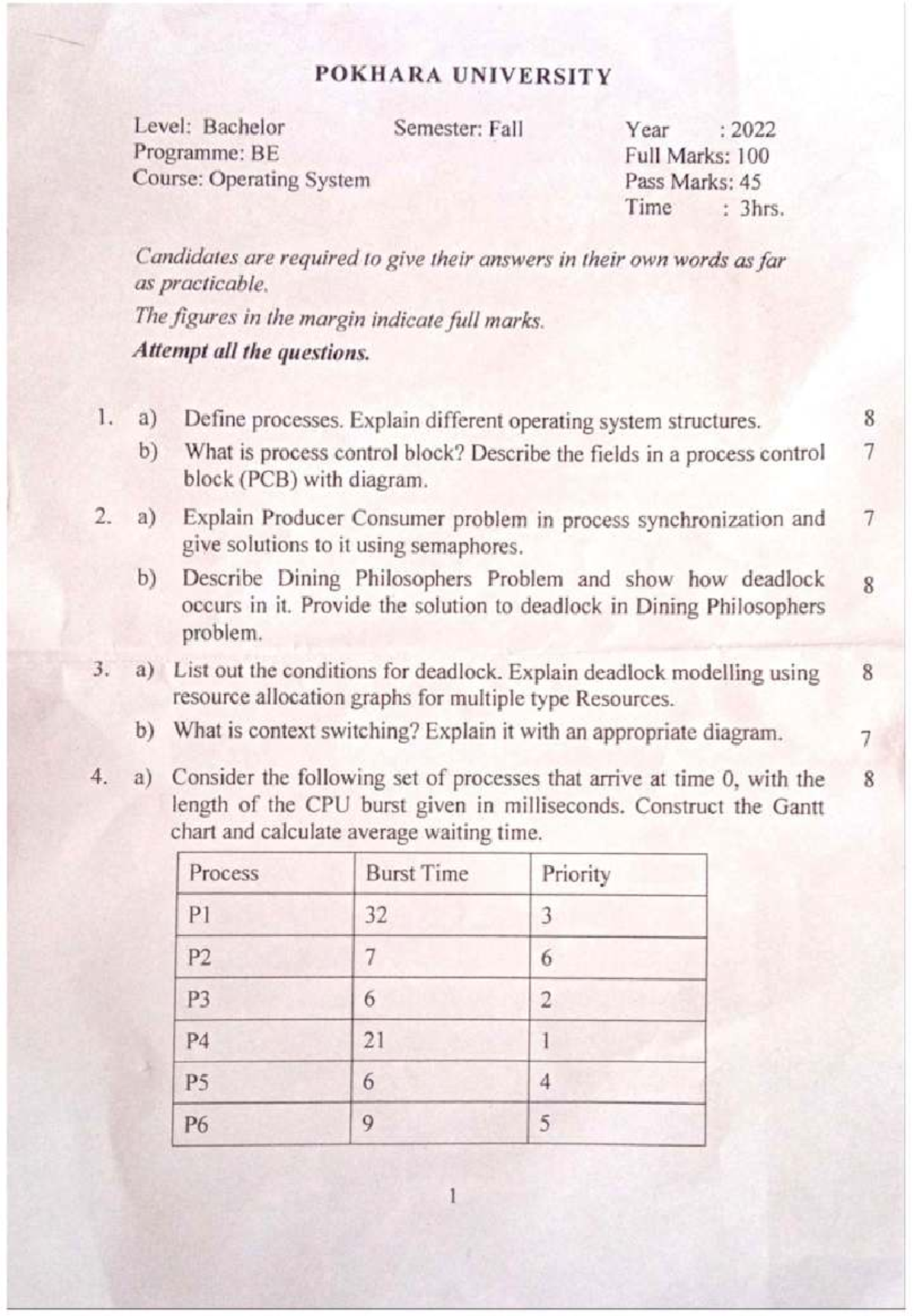 Operating System Exam Questions - POKHARA UNIVERSITY BE Fall 2022 - Studocu