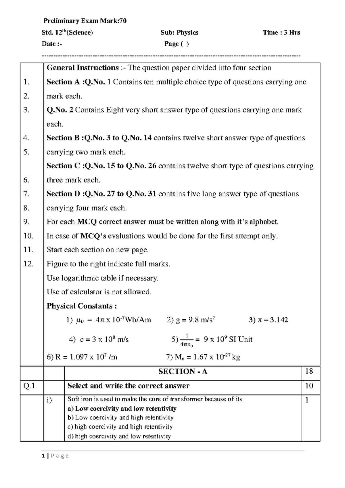 Model FST - IV - Imp Physics Exam Paper for Std. 12 Science - Studocu