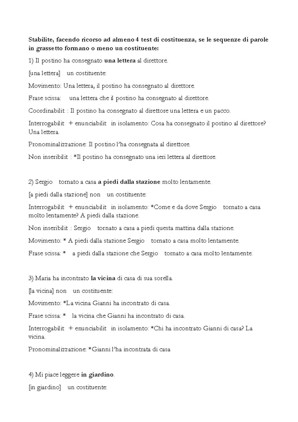 Soluzioni Esercizi di Sintassi 7-12: Costituenti e Ruoli Tematici - Studocu