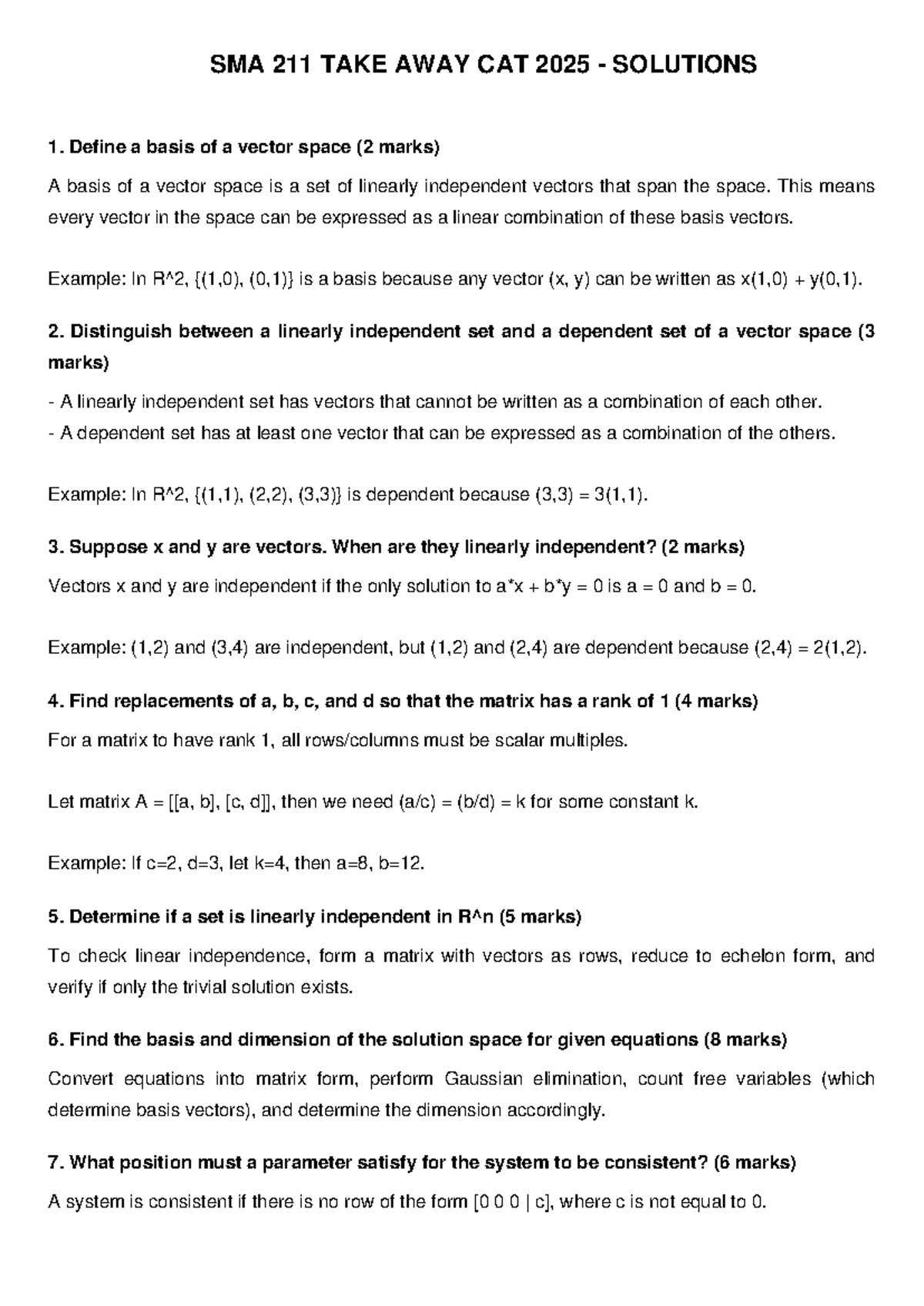 SMA 211 Take Away CAT 2025 Solutions Review and Key Concepts - Studocu