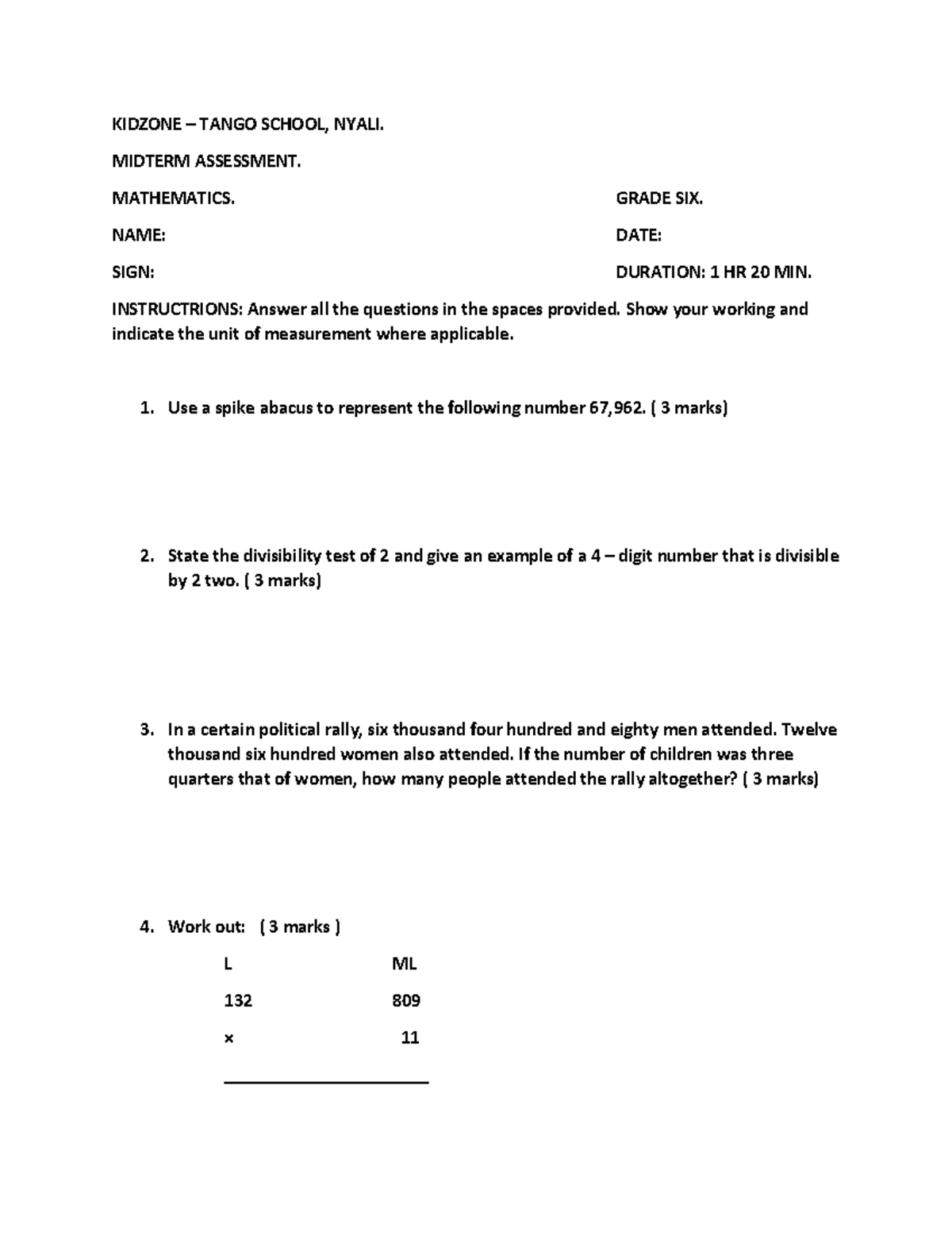 Mathematics Grade 6 - Midterm Assessment Study Resource - Studocu