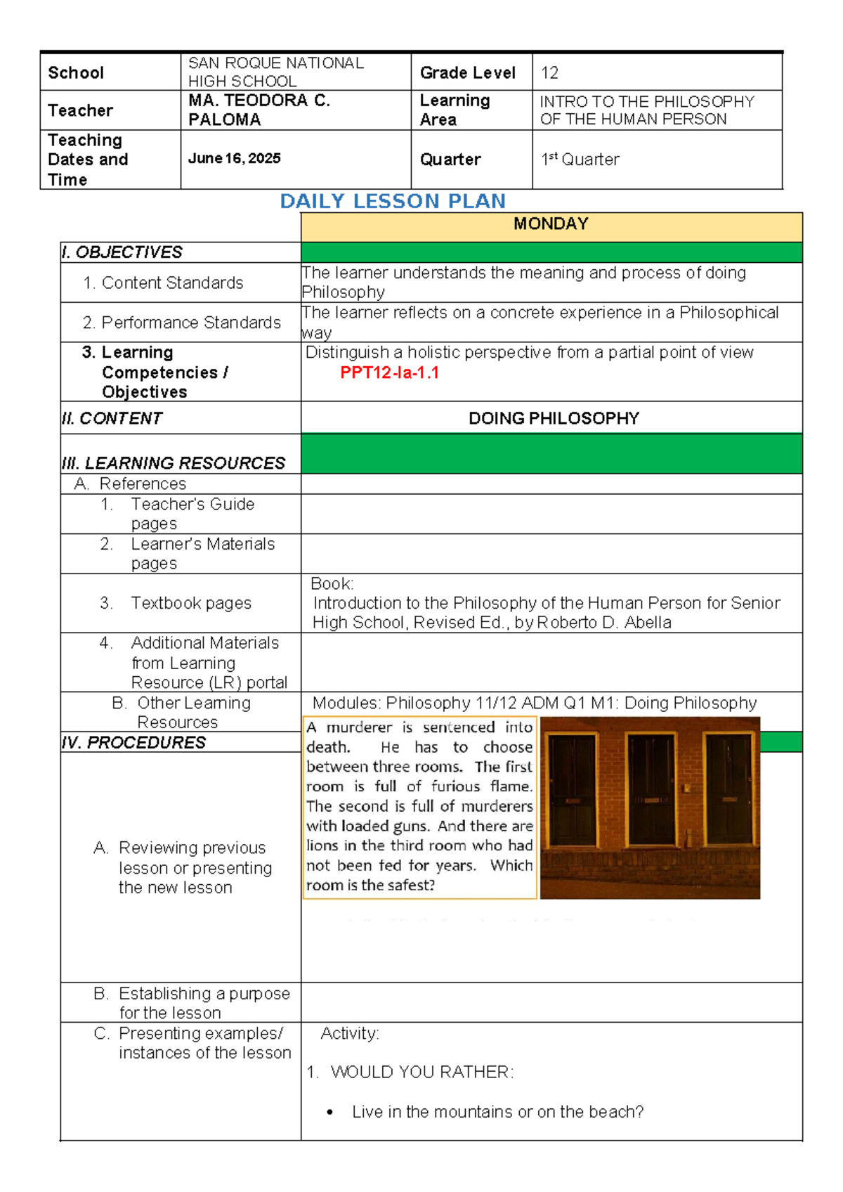 Grade 12 Intro to Philosophy Daily Lesson Plan Q1 - Week 1 - Studocu
