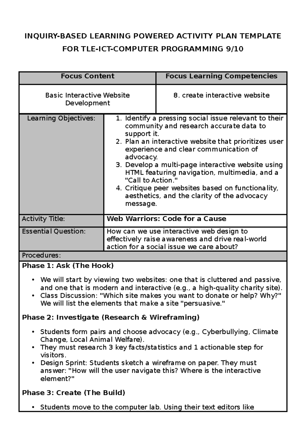 ICT Programming Inquiry-Based Learning Activity Plan: Web Warriors ...