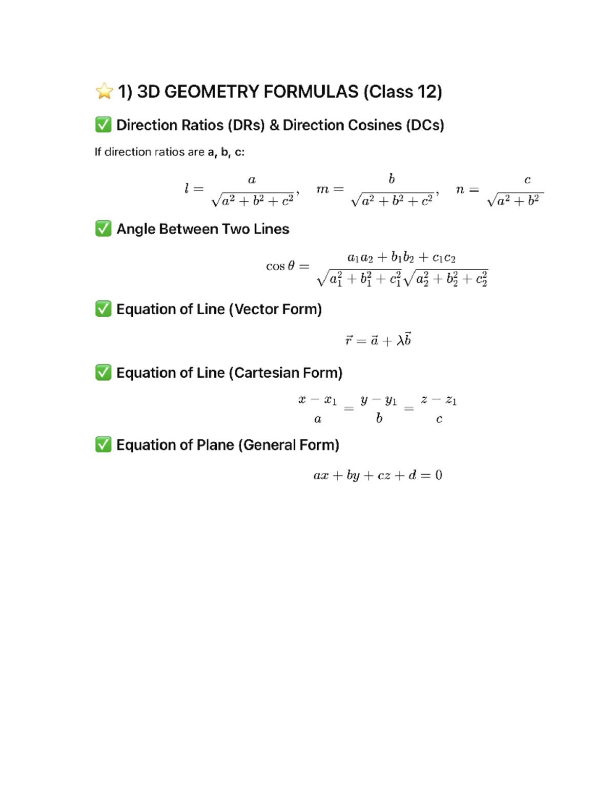 3D GEOMETRY & PROBABILITY FORMULAS (Class 12) - Important Notes - Studocu