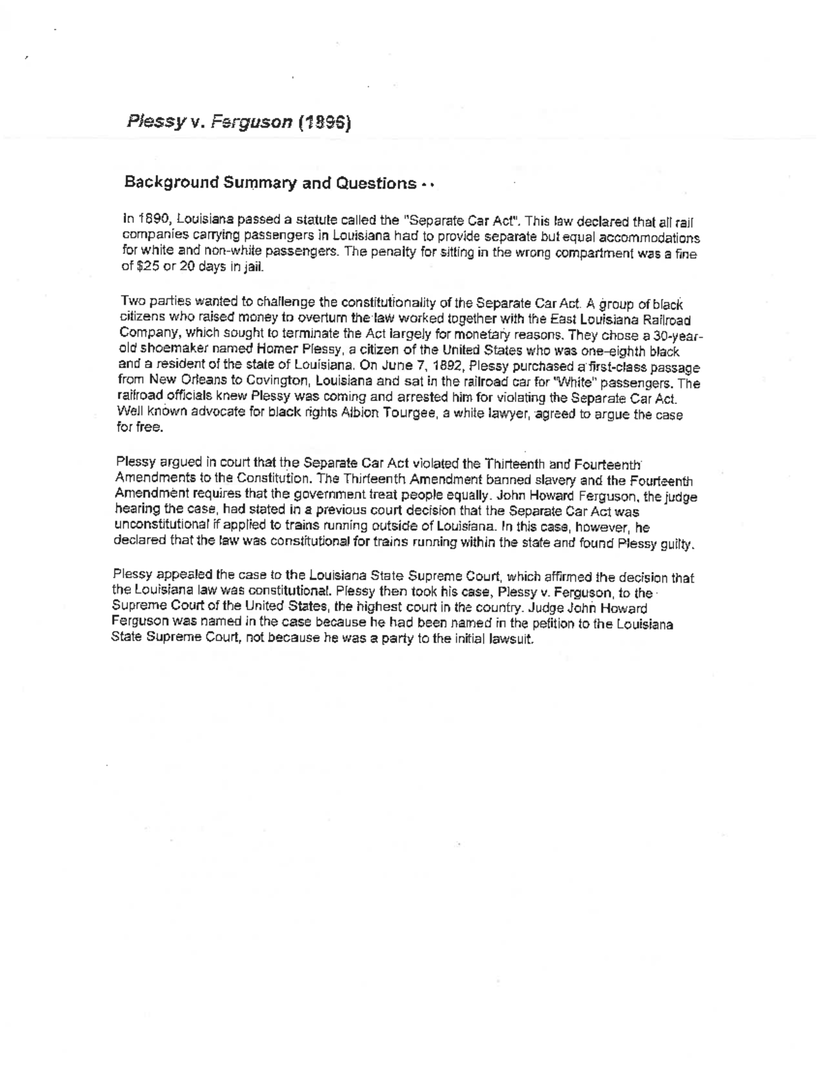 Plessy v. Ferguson (1896) Case Summary and Key Opinions - Studocu