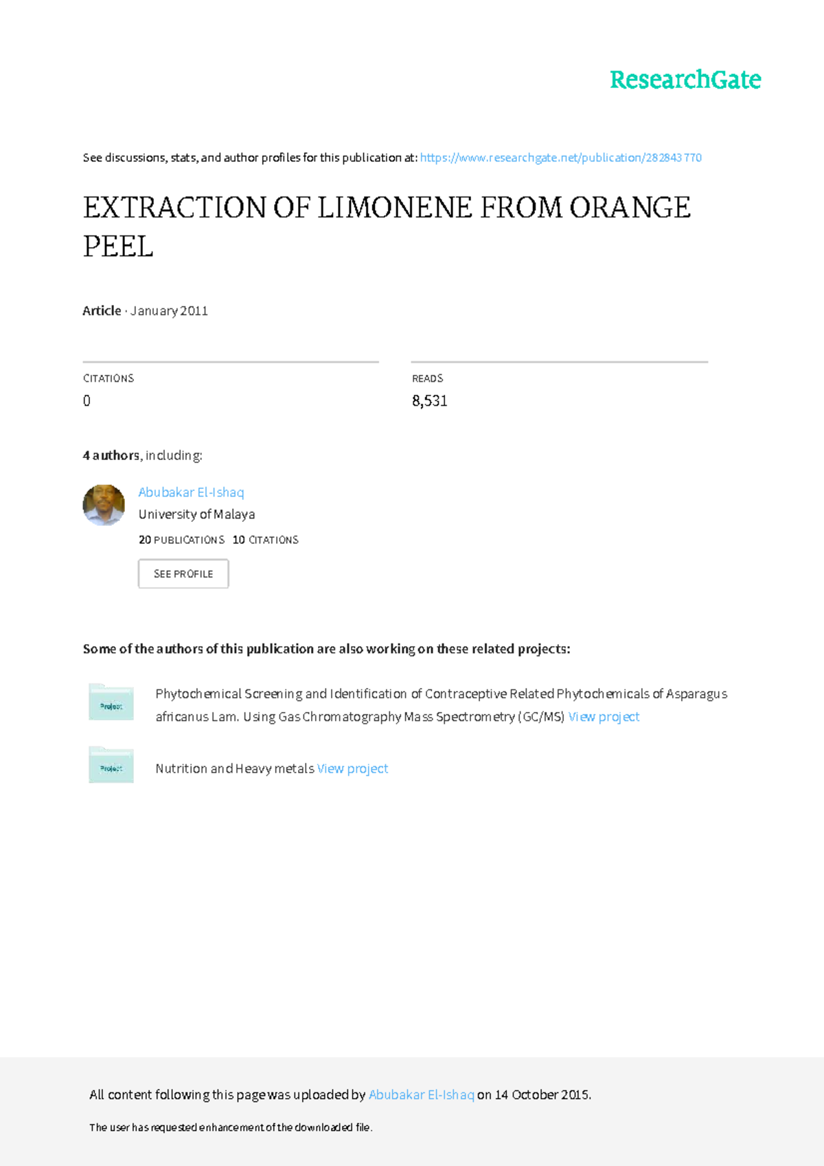 Extraction of Limonene from Orange Peel: A Study on Yield and ...