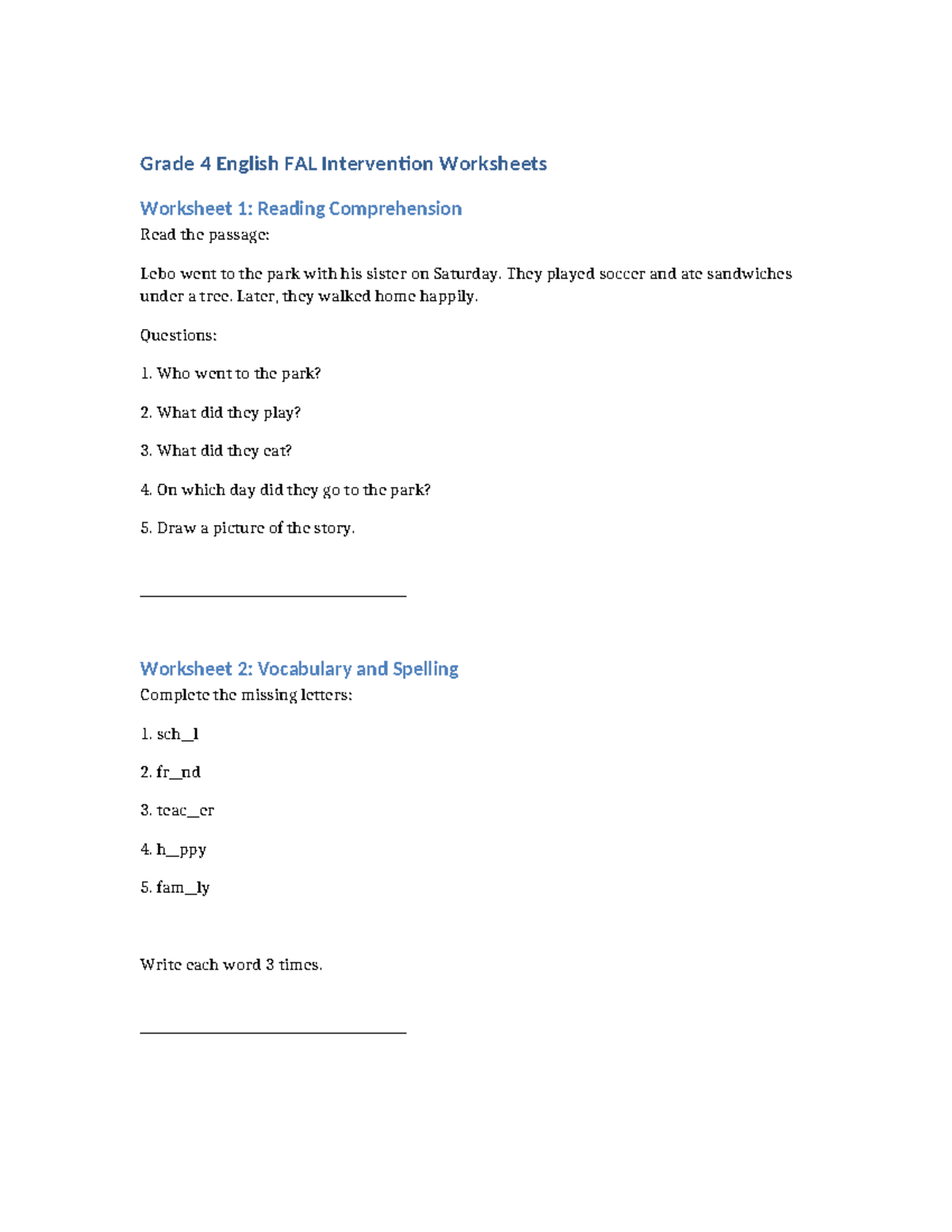 Grade 4 English FAL Intervention Worksheets: Reading & Writing ...