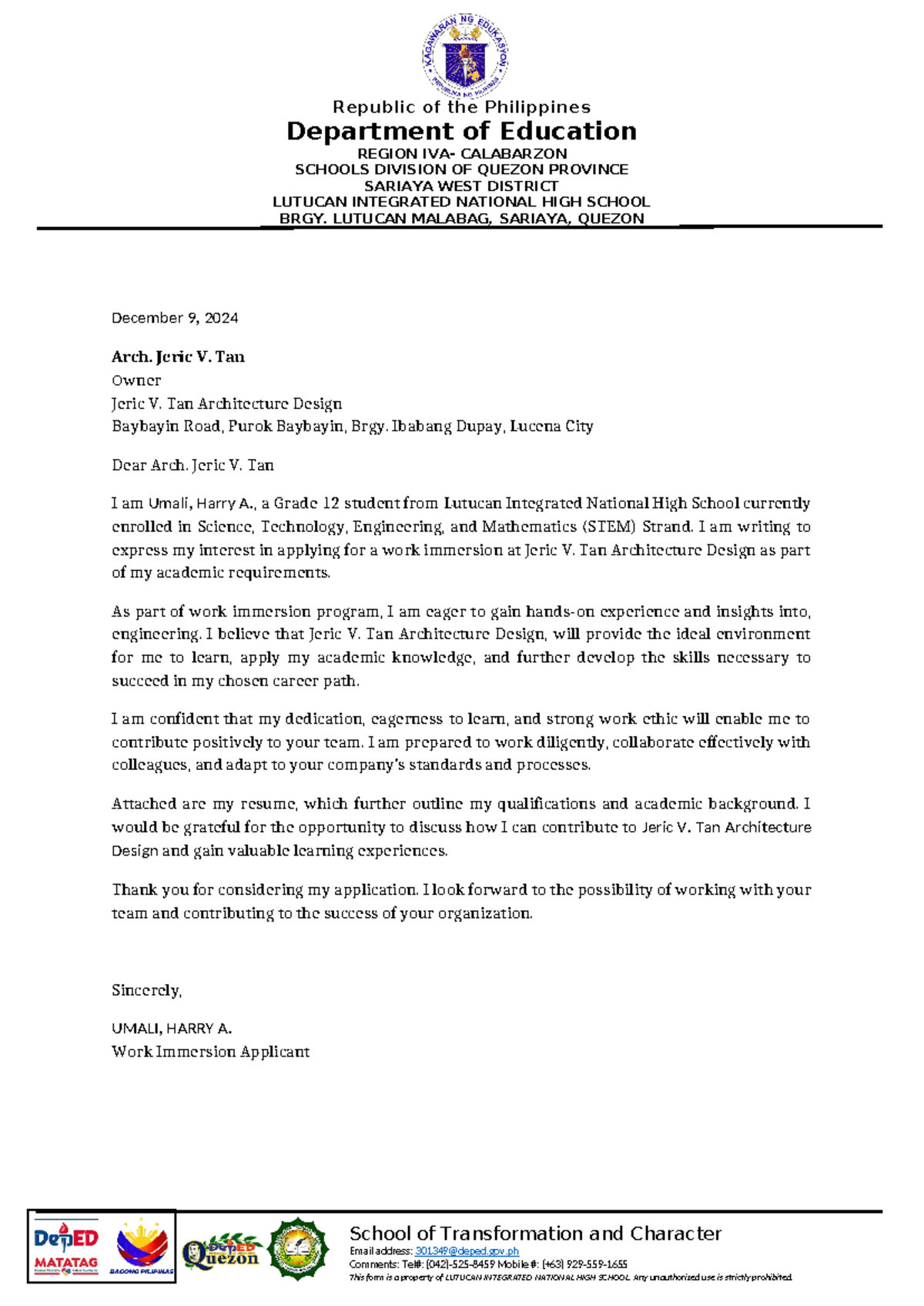 Grade 12 STEM Work Immersion Letter of Intent Application - Studocu