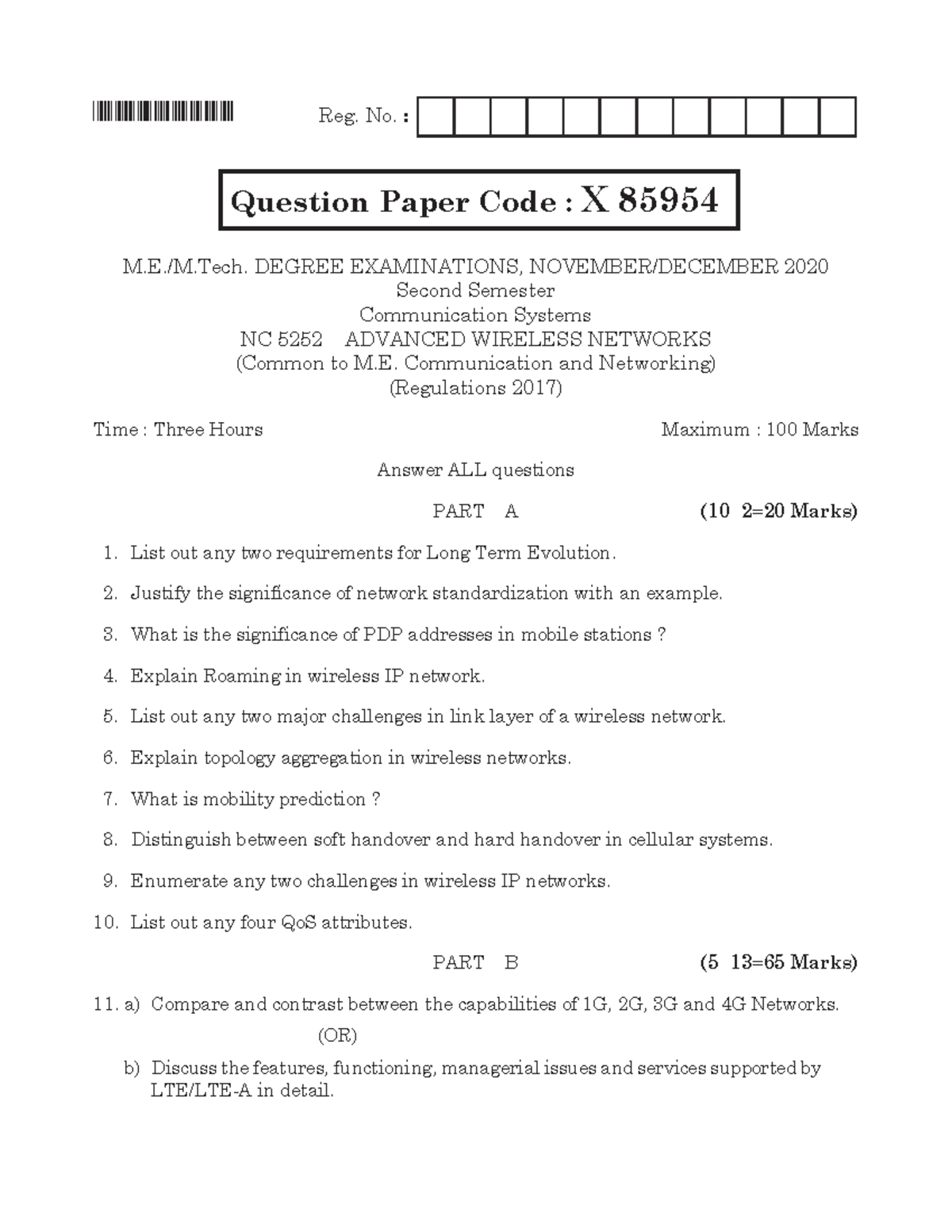 NC 5252 Final Exam Question Paper: Advanced Wireless Networks 2020 ...