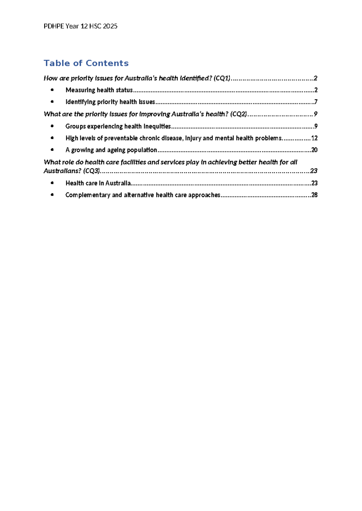 HSC PDHPE Summary Notes 2025: Priority Health Issues in Australia - Studocu