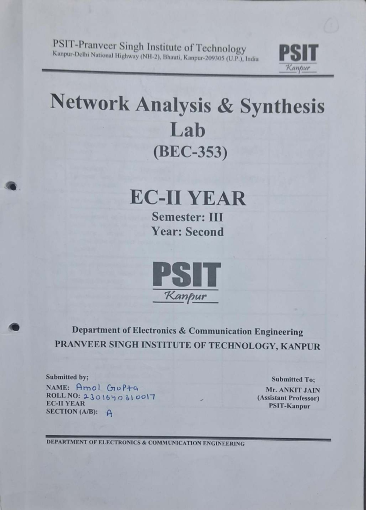 Network Analysis and Synthesis Lab Report - PSIT Kanpur - Studocu