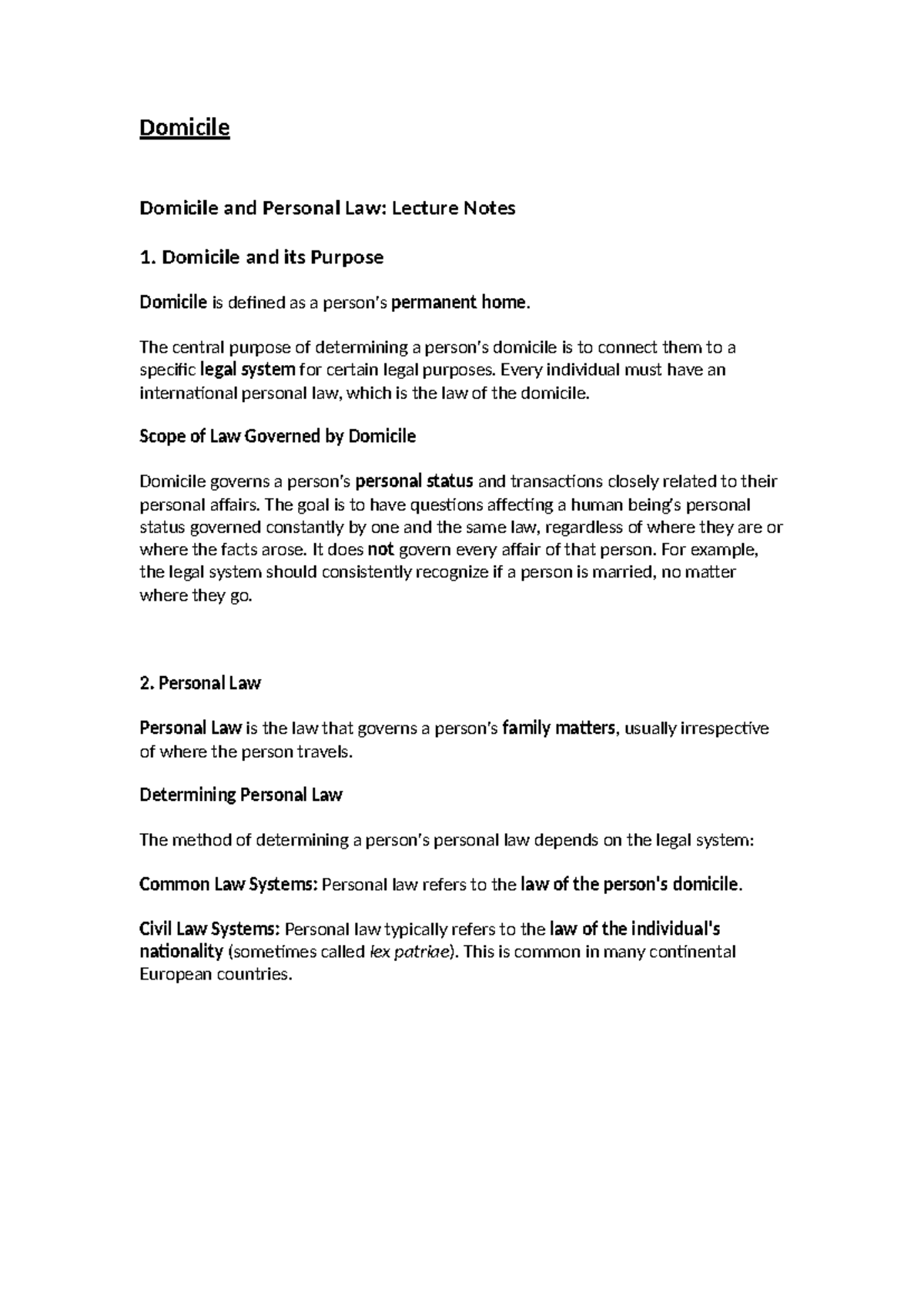 Domicile and Personal Law: Lecture Notes on Legal Principles - Studocu