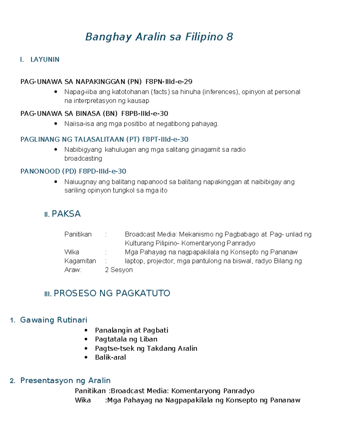 MASUSING BANGHAY ARALIN SA FILIPINO 8 - Banghay Aralin sa Filipino 8 I. LAYUNIN PAG-UNAWA SA ...