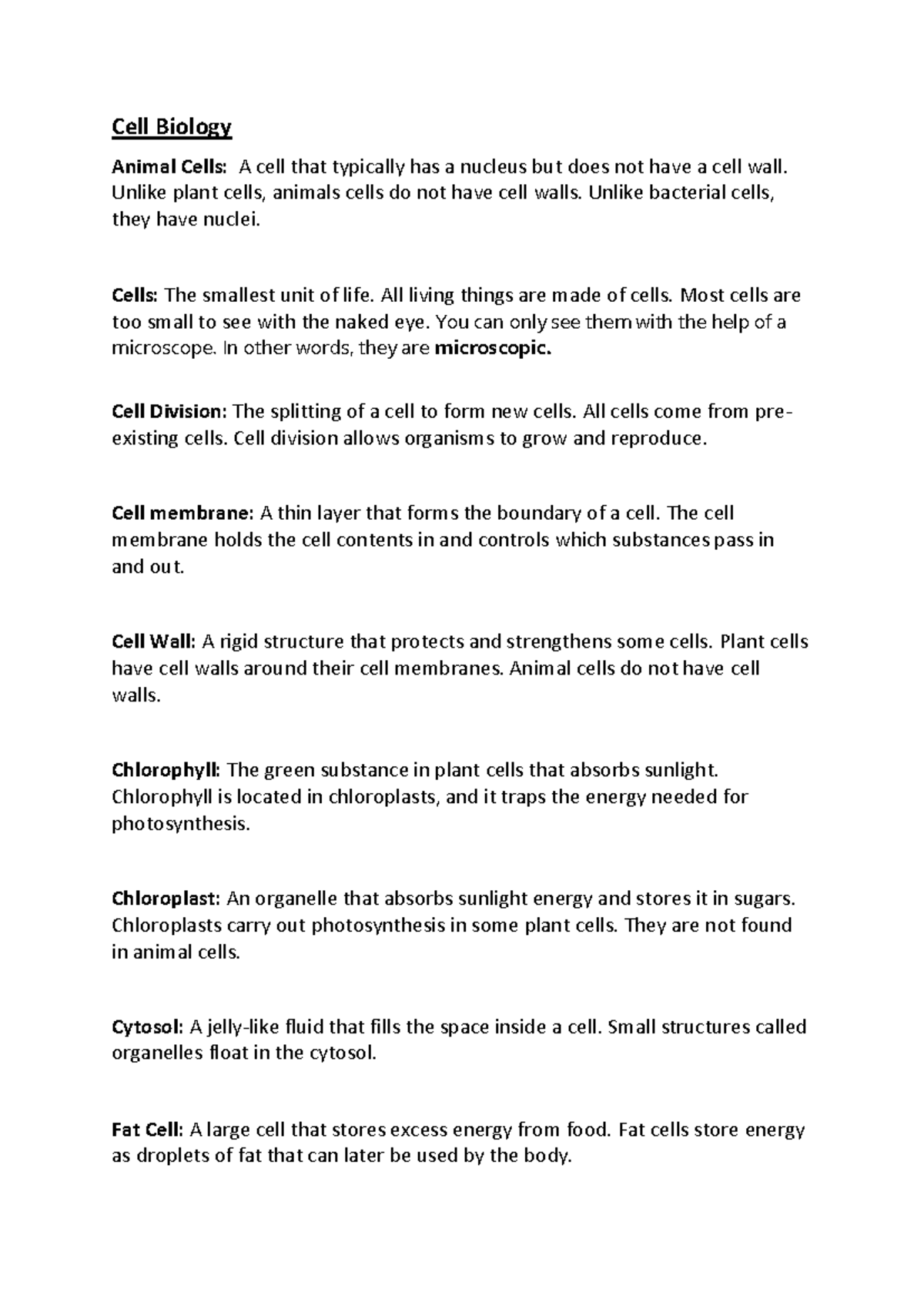 Biology 101: Summary of Animal Cell Structure and Function - Studocu