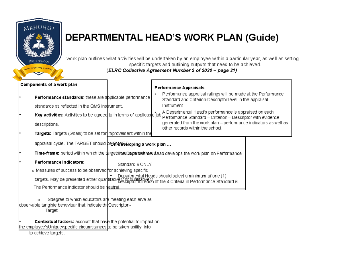 Departmental Head's Work Plan Guide: Performance Standards & Targets ...