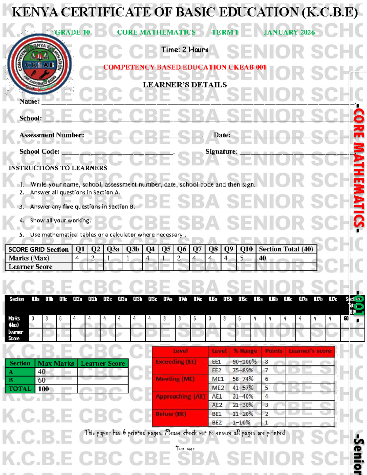 K.C.B.E GRADE 10 CORE MATHEMATICS TERM 1 EXAMINATION 2026 - Studocu