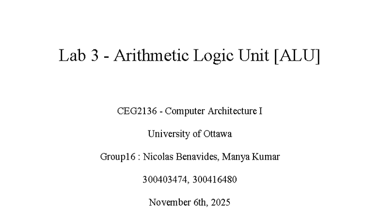 Lab 3 Report: Designing an ALU in CEG2136 Computer Architecture I - Studocu