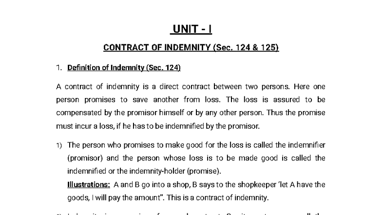 UNIT I & II: CONTRACT OF INDEMNITY & BAILMENT (Sec. 124-178) Notes ...