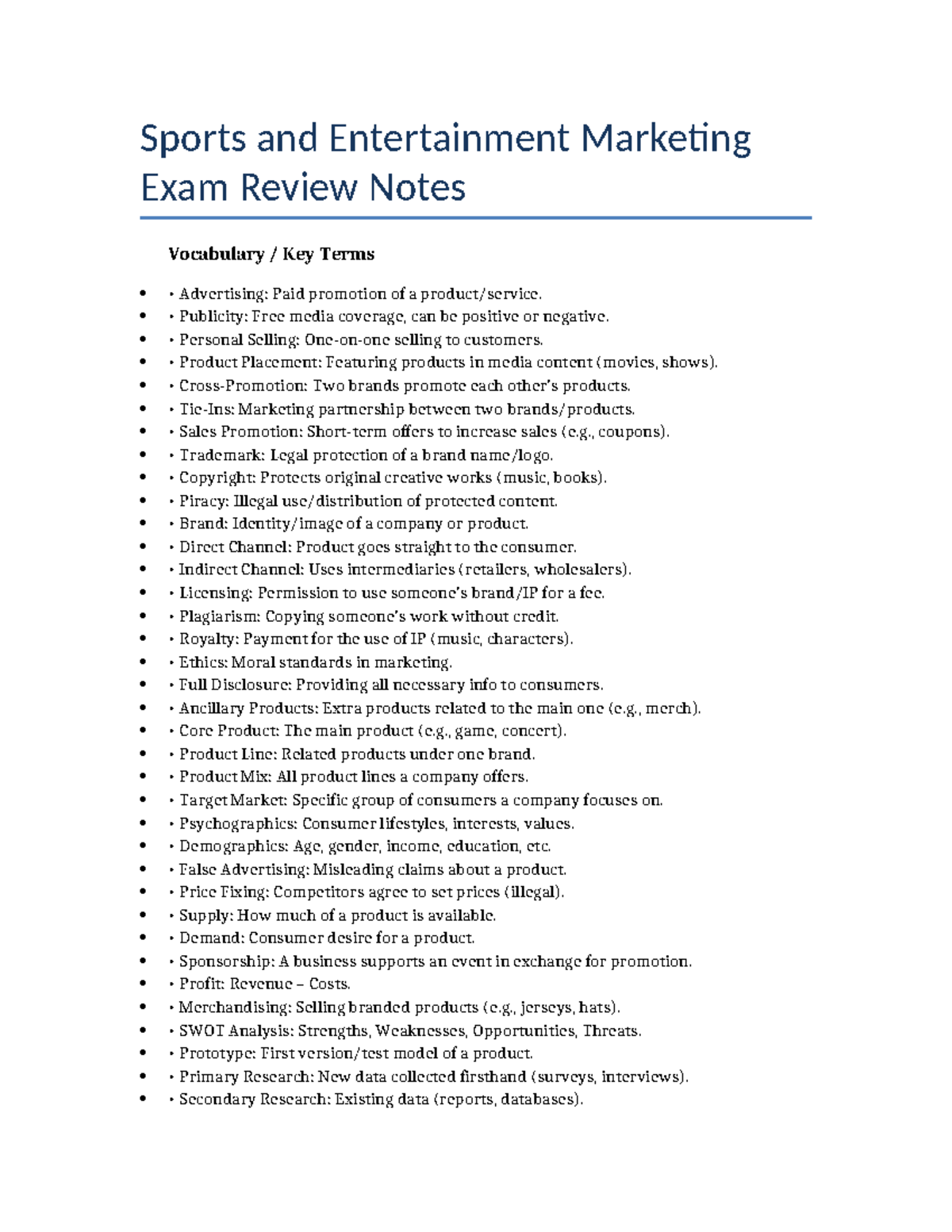 Sports Mktg Exam Review Notes: Key Terms & Concepts - Studocu