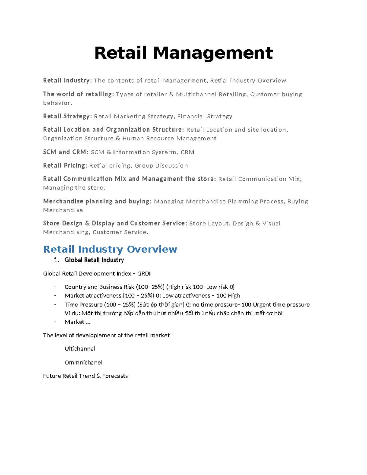Retail Management - Test - Retail Management Retail Industry: The ...