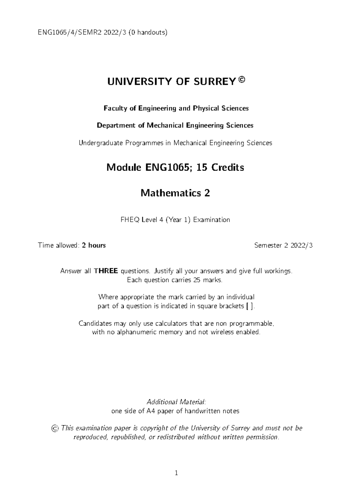 Mathematics 2 (ENG1065) Semester 2 Exam Paper - Year 1 - Studocu