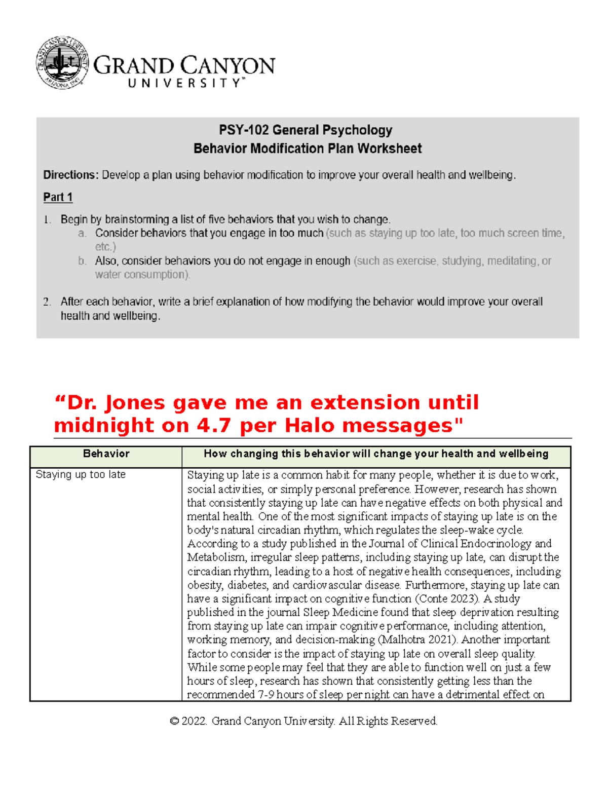 Behavior Modification Plan - “Dr. Jones gave me an extension until ...