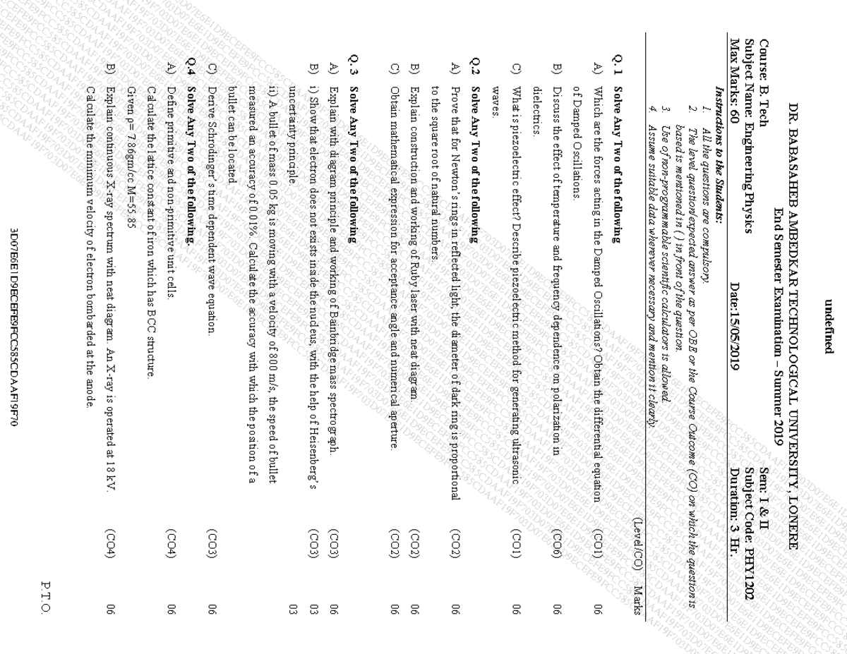 B.Tech 1st Year Engineering Physics Exam Notes (PHY1202) May 2019 - Studocu